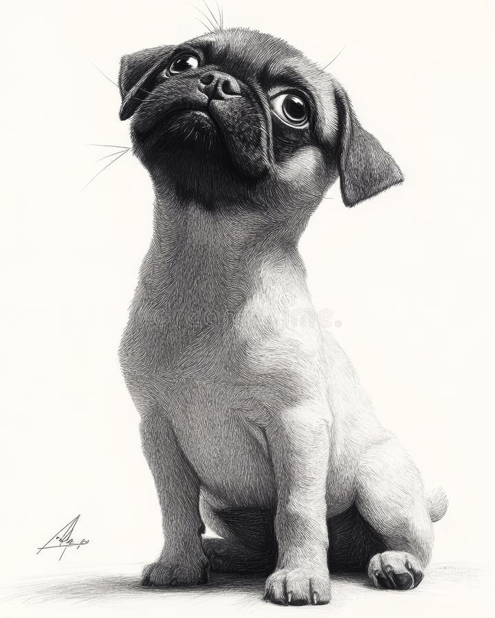 The Drawing of a Pug Puppy Set Against a White Backdrop is a ...