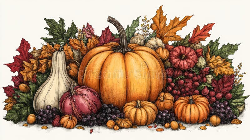 A Drawing of a Pumpkin and Other Fall Vegetables are Shown, AI Stock ...
