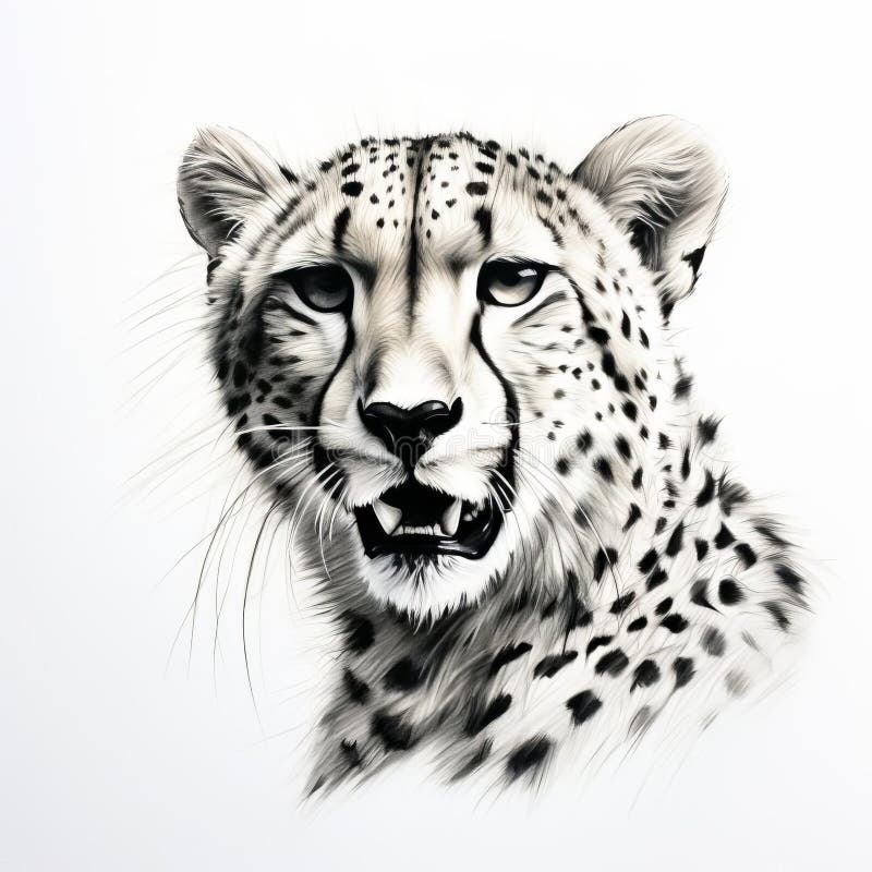 Drawing a Realistic Cheetah with Black Ink on White Background Stock ...