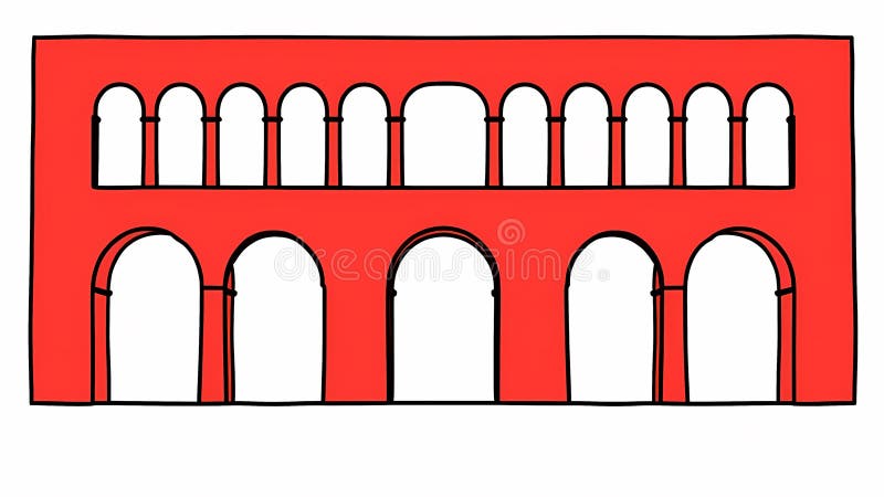 Drawing of a Red Aqueduct Structure with Arches on White Background ...