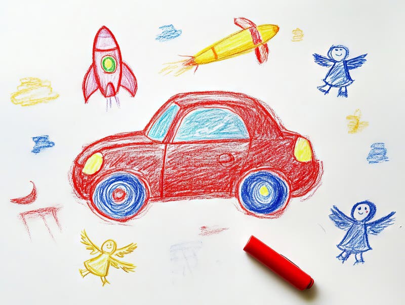 A Drawing of a Red Car with a Red Crayon Next To it Stock Image - Image ...