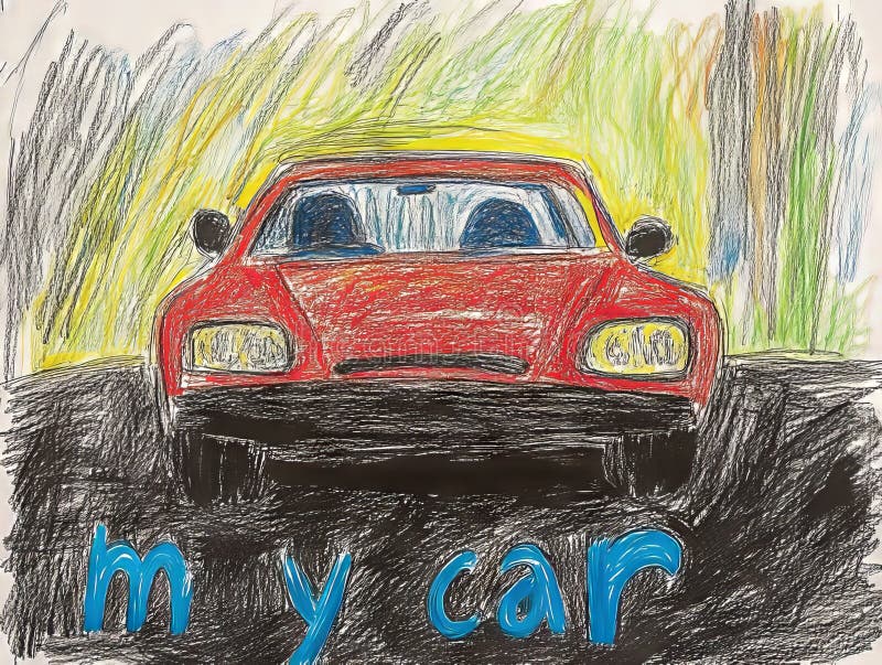 A Drawing of a Red Car Driving Down a Road Stock Photo - Image of sense ...
