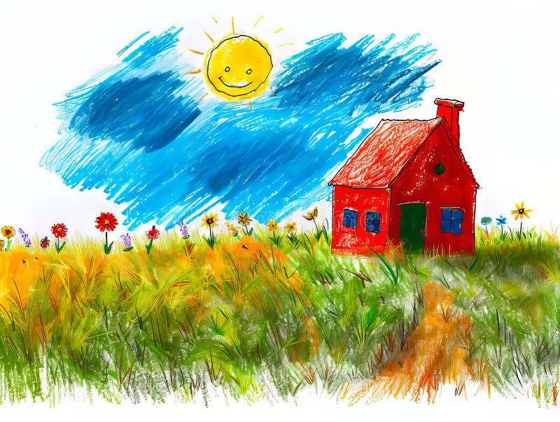 A Drawing of a Red House in a Field of Flowers Stock Image - Image of ...