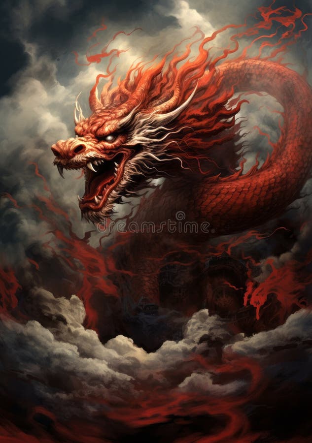 Drawing of a Red Traditional Chinese Dragon Roaring in the Sky with ...