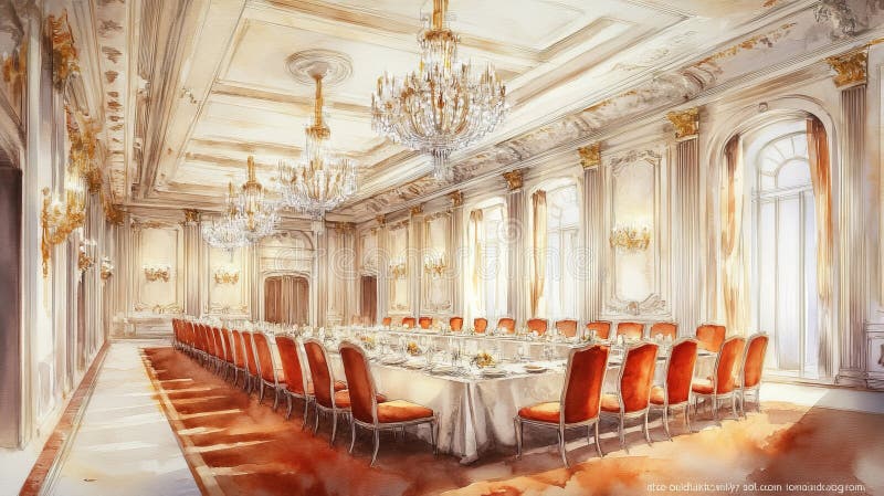 A Drawing of a Refined Dining Room with Classic Interior Features Stock ...