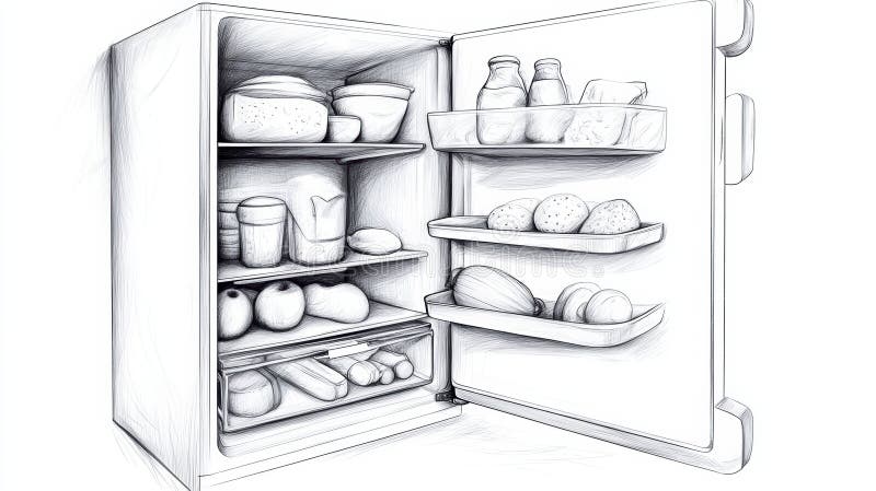 A Drawing of a Refrigerator with Food Inside and Open, AI Stock Image ...