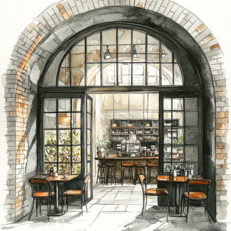 Drawing of a Restaurant with a Large Archway and a Window Stock Photo ...
