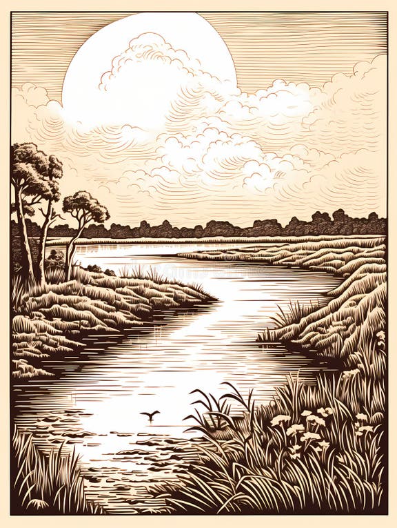 A Drawing of a River with Grass and Trees, Everglades National Park ...