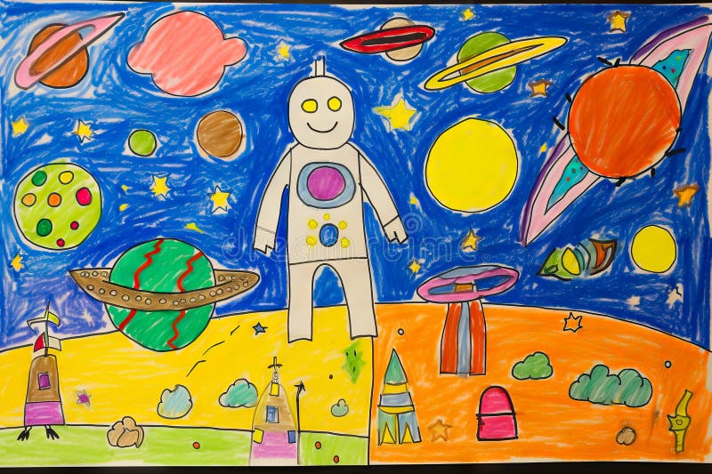 Drawing of Robot in Space with Planets and Stars. Generative AI Stock ...