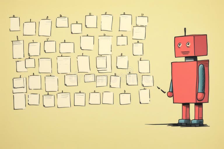 Drawing of Robot Standing in Front of Wall of Notes. Generative AI ...