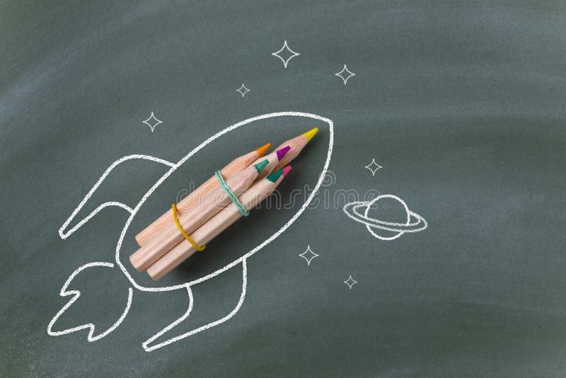 Drawing of a Rocket with Pencils on Blackboard Stock Photo - Image of ...