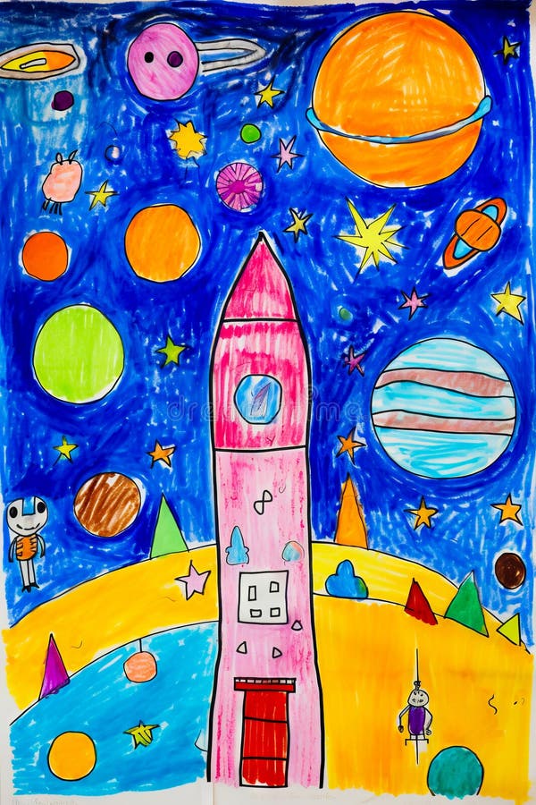 Drawing of Rocket Ship with Planets Around it and Dog. Generative AI ...