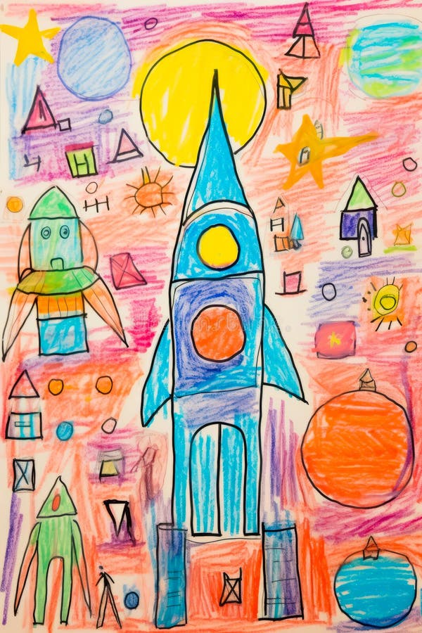 Drawing of Rocket Ship with Sun in the Background. Generative AI Stock ...
