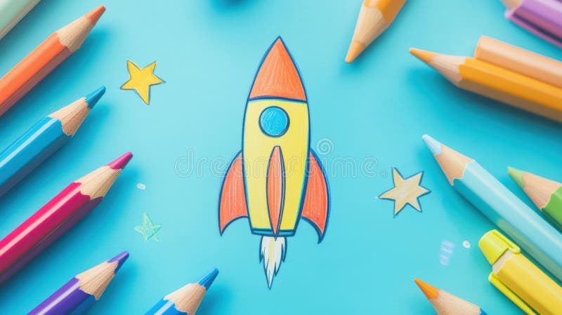 A Drawing of a Rocket Ship Surrounded by Colored Pencils Stock ...