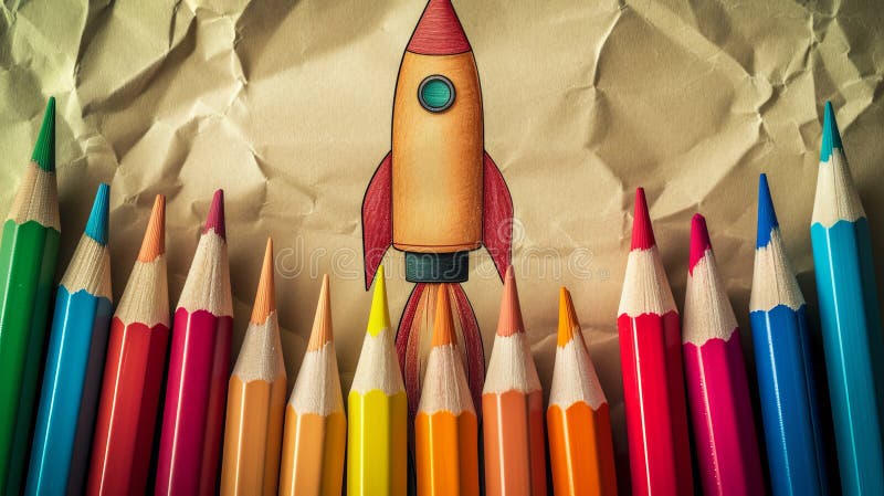 Drawing of a Rocket Surrounded by Colored Pencils on Crumpled Paper ...