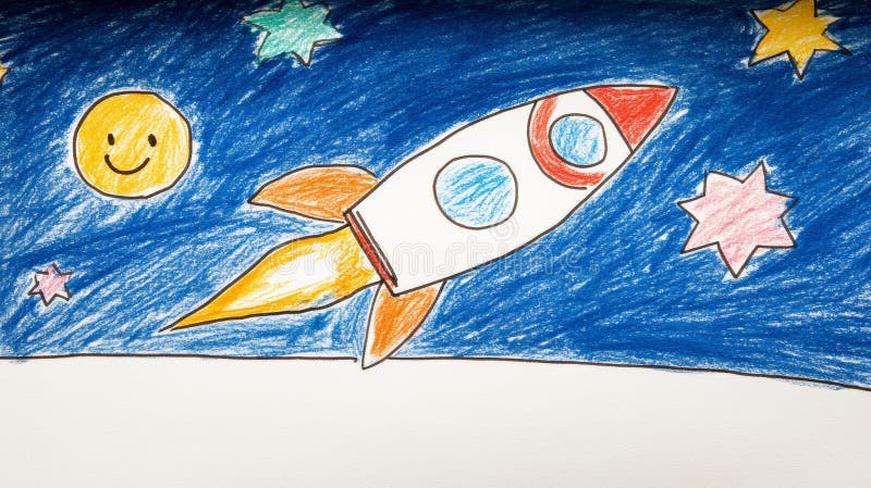 A Drawing of a Rocket Taking Off into Space is Drawn with Thick Stock ...