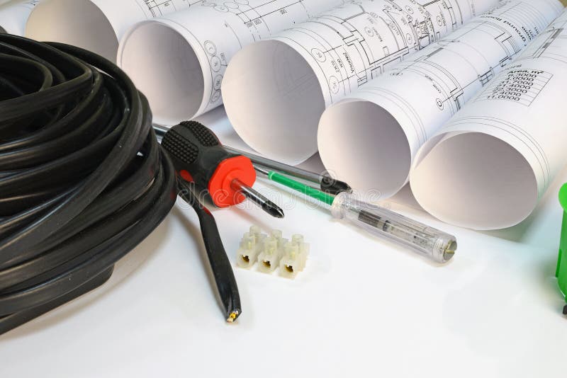Rolls of Electrical Diagrams and Accessories for Drawing Stock Image ...