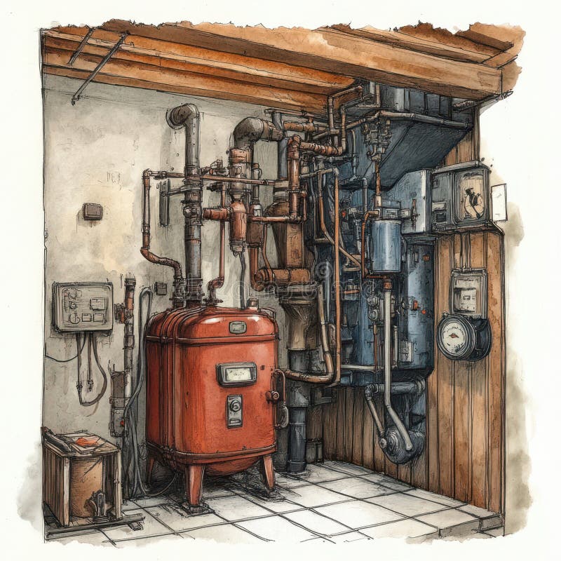 A Drawing of a Room with a Fire Hydrant and a Water Heater Stock ...