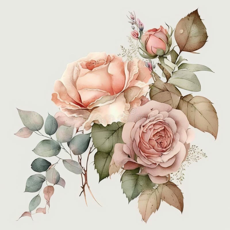 Drawing of a Rose and Leaves on a Gentle Background Generative ...
