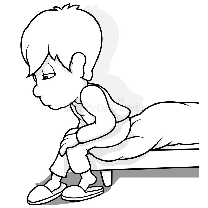 Drawing of a Sad Boy Sitting on the Corner of the Bed Stock Vector ...