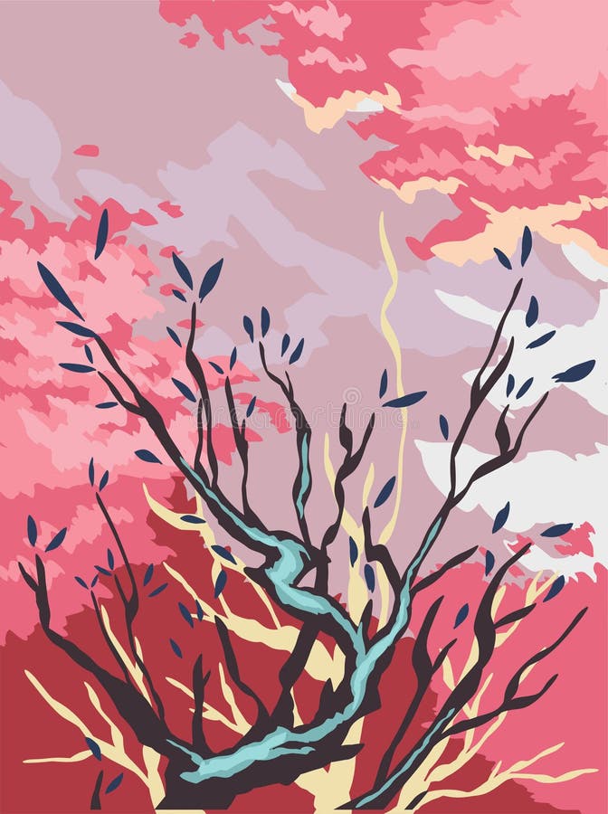 Sakura Tree with Sunset Sky and Clouds Abstract Vectors Art Stock ...