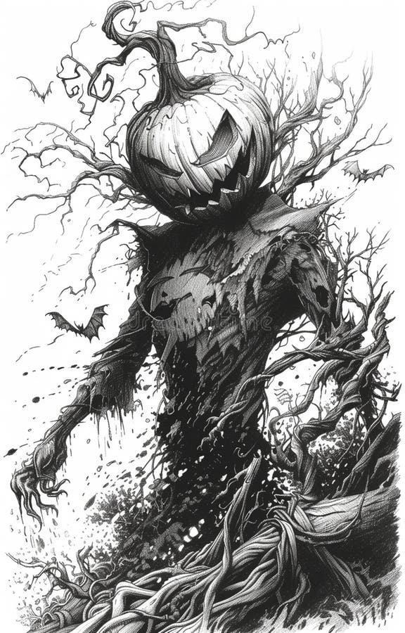 A Drawing of a Scary Looking Man with a Pumpkin Head Stock Illustration ...