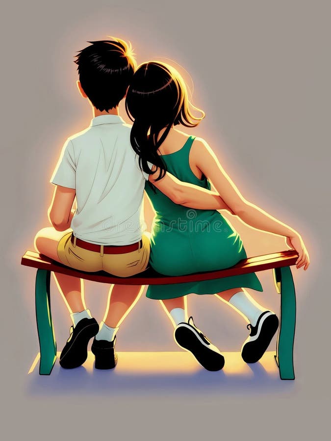 Drawing Scene, Romantic Couple Embracing on Bench in Rim Light, Bright ...