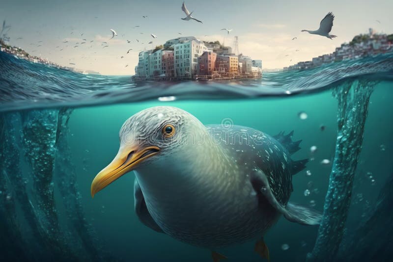 Drawing Seagull Diving Underwater. Seagull Hunting. Generative AI Stock ...