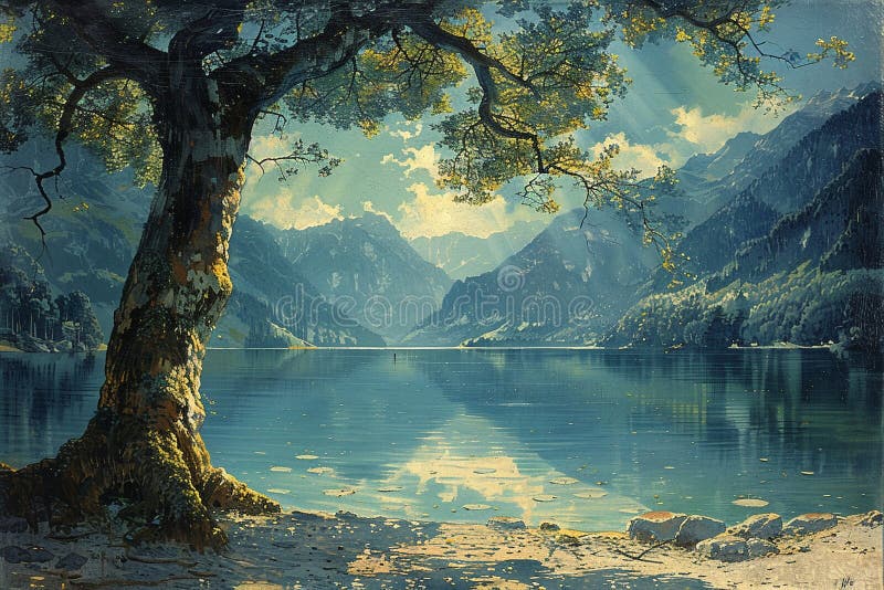 Drawing of a Serene Lakeside View Stock Photo - Image of peaceful ...