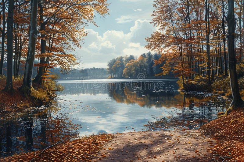 Drawing of a Serene Lakeside View Stock Photo - Image of lakeside ...