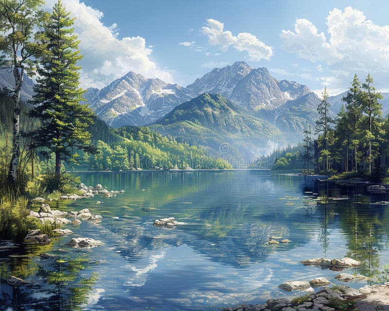 Drawing of a Serene Lakeside View Stock Image - Image of beautifully ...