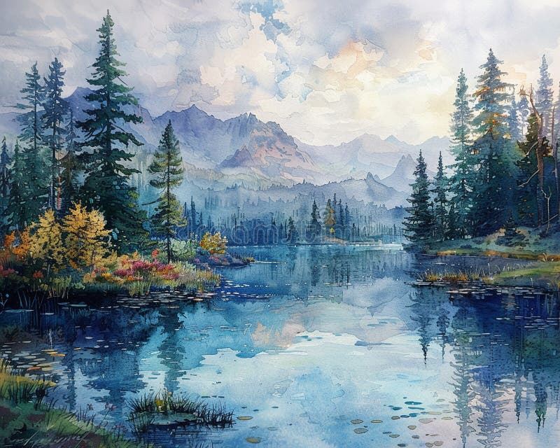 Drawing of a Serene Lakeside View Stock Photo - Image of tranquil ...