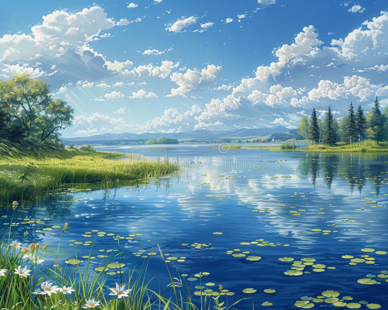 Drawing of a Serene Lakeside View Stock Image - Image of tranquil ...