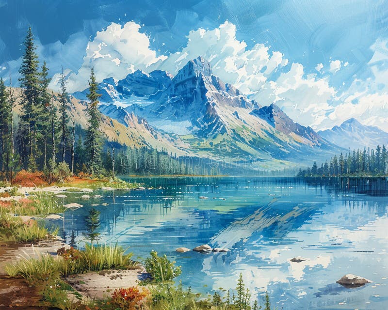 Drawing of a Serene Lakeside View Stock Photo - Image of impressionism ...