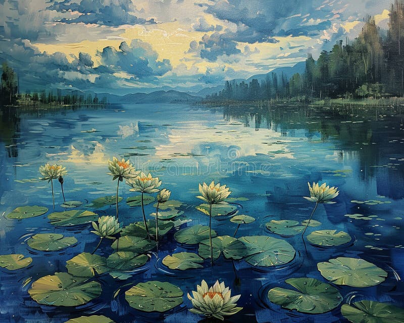 Drawing of a Serene Lakeside View Stock Photo - Image of ethereal ...