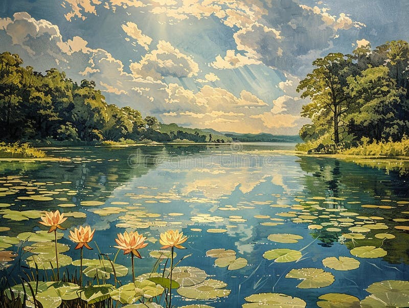 Drawing of a Serene Lakeside View Stock Photo - Image of composition ...