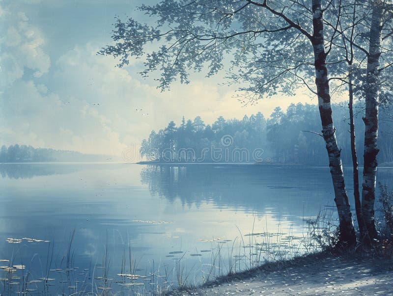 Drawing of a Serene Lakeside View Stock Image - Image of artistic ...