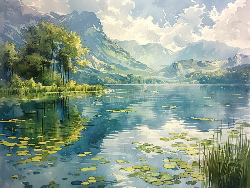 Drawing of a Serene Lakeside View Stock Image - Image of artistry, lake ...