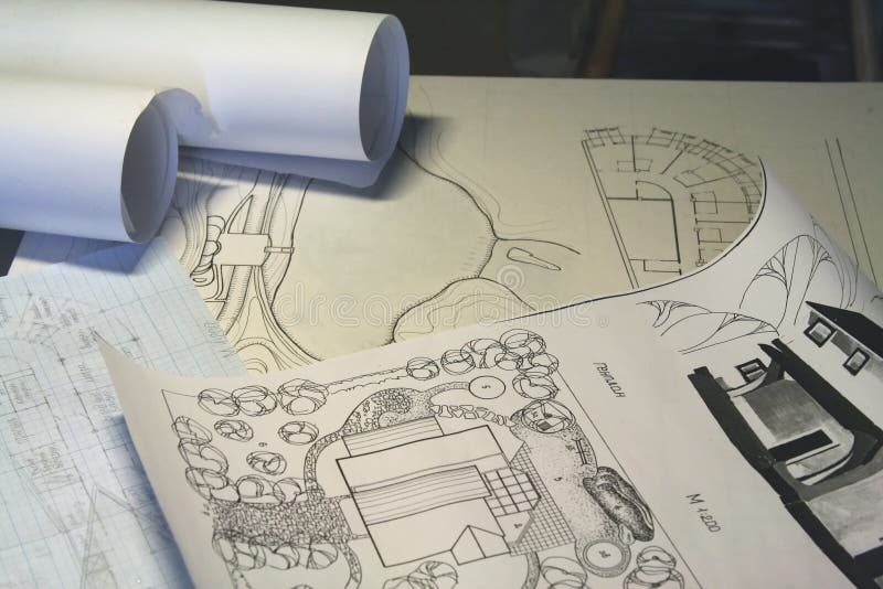 Drawing, sheets of paper stock image. Image of architect - 7482167