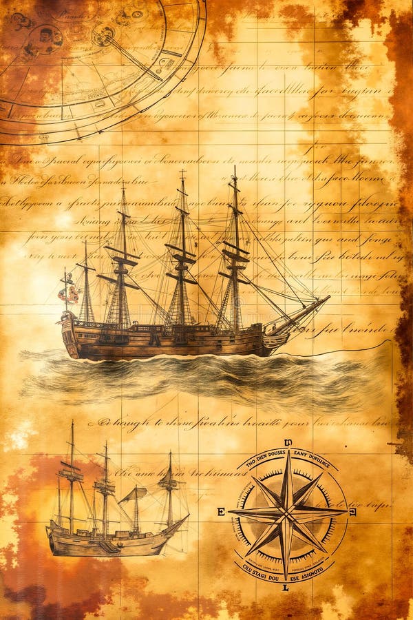 A Drawing of a Ship on a Map with a Compass Stock Image - Image of ...