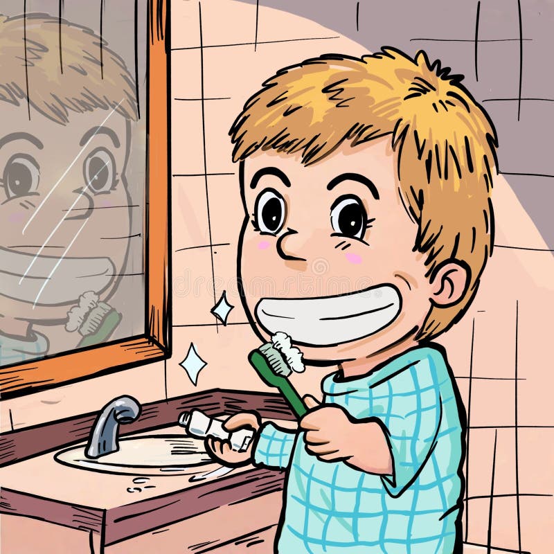 The Drawing Shows a Boy Brushing His Teeth. Suitable for Cute ...