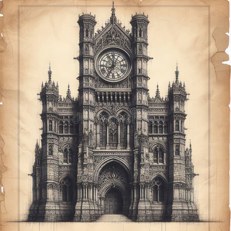 Architectural Plan of Spired Clock Tower Stock Illustration ...
