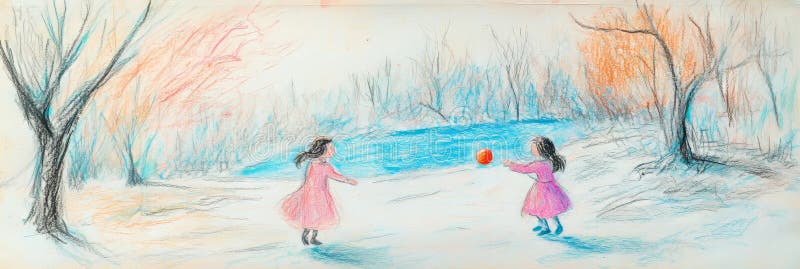 Drawing of Siblings Playing Ball in a Pool Made with Crayons Stock ...