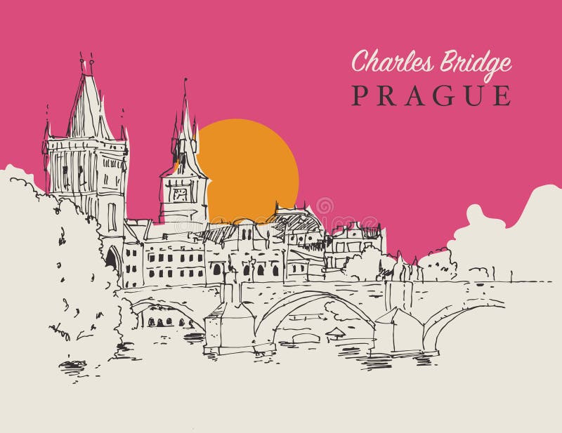 Drawing Sketch Illustration of the Charles Bridge in Prague, Czechia ...