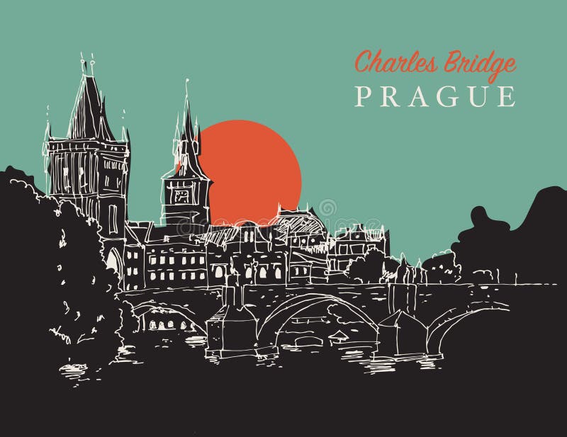 Drawing Sketch Illustration of the Charles Bridge in Prague, Czechia ...
