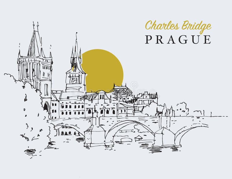 Drawing Sketch Illustration of the Charles Bridge in Prague, Czechia ...