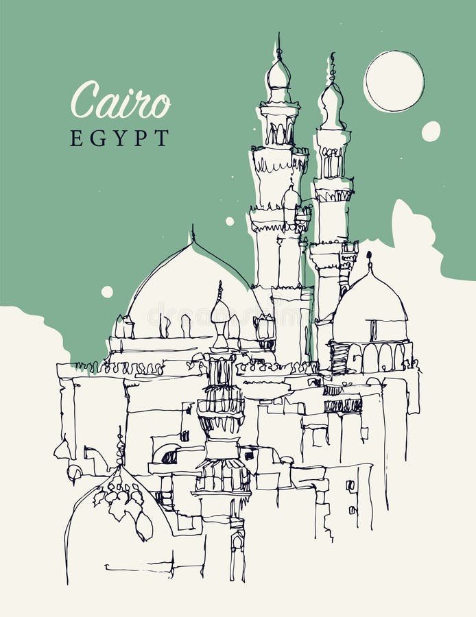 Drawing Sketch Illustration of Minarets and Domes of Mosques in Cairo ...
