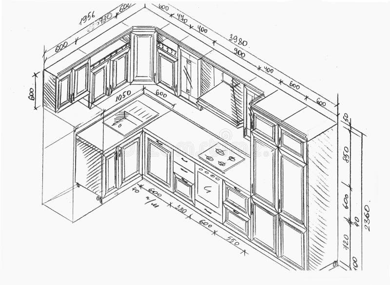 Drawing, Sketch of Kitchen Furniture with Dimensions Stock Illustration ...