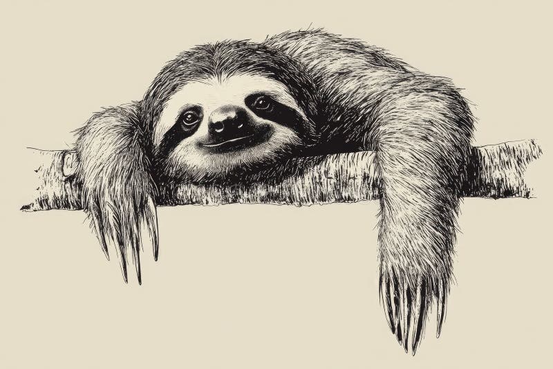 Drawing of a Sloth Laying on a Branch Stock Image - Image of funny ...
