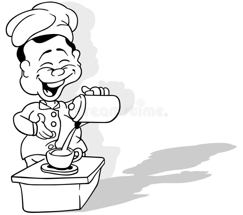 Drawing of a Smiling Chef Pours Coffee into a Mug Stock Vector ...